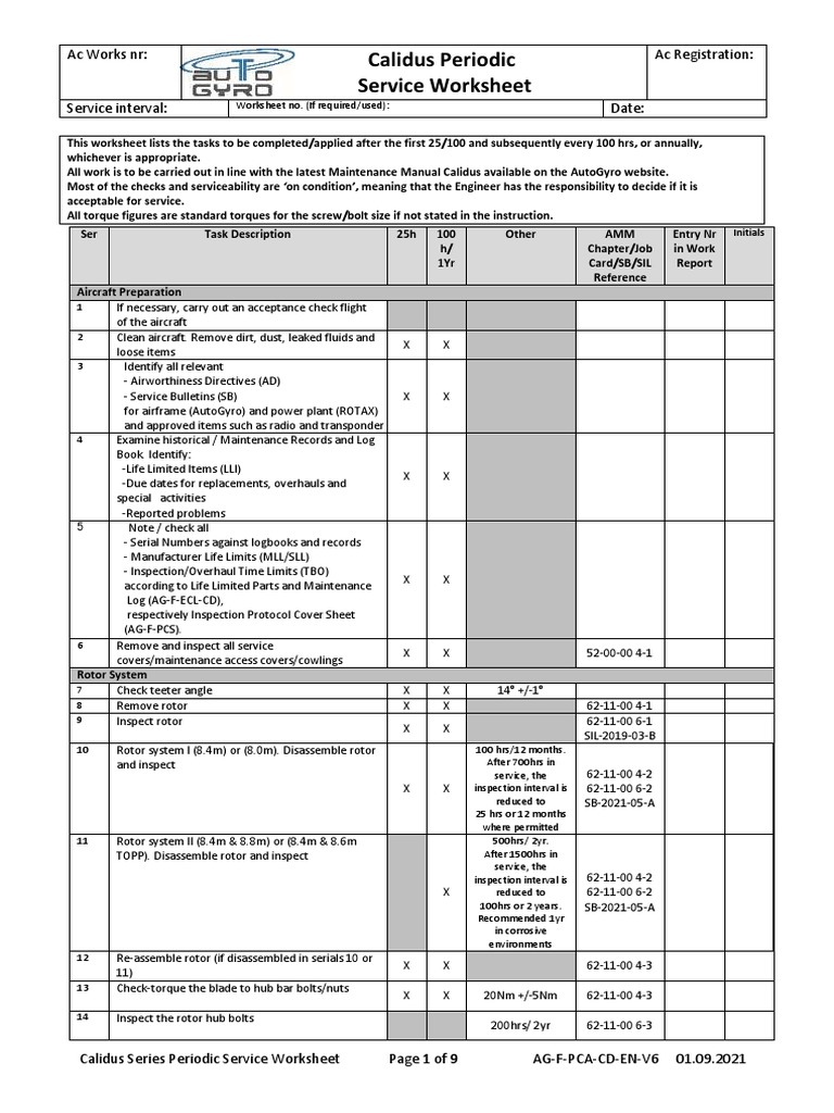 Calidus Periodic Service Worksheet V6 Sep 2021 | PDF | Helicopter Rotor ...