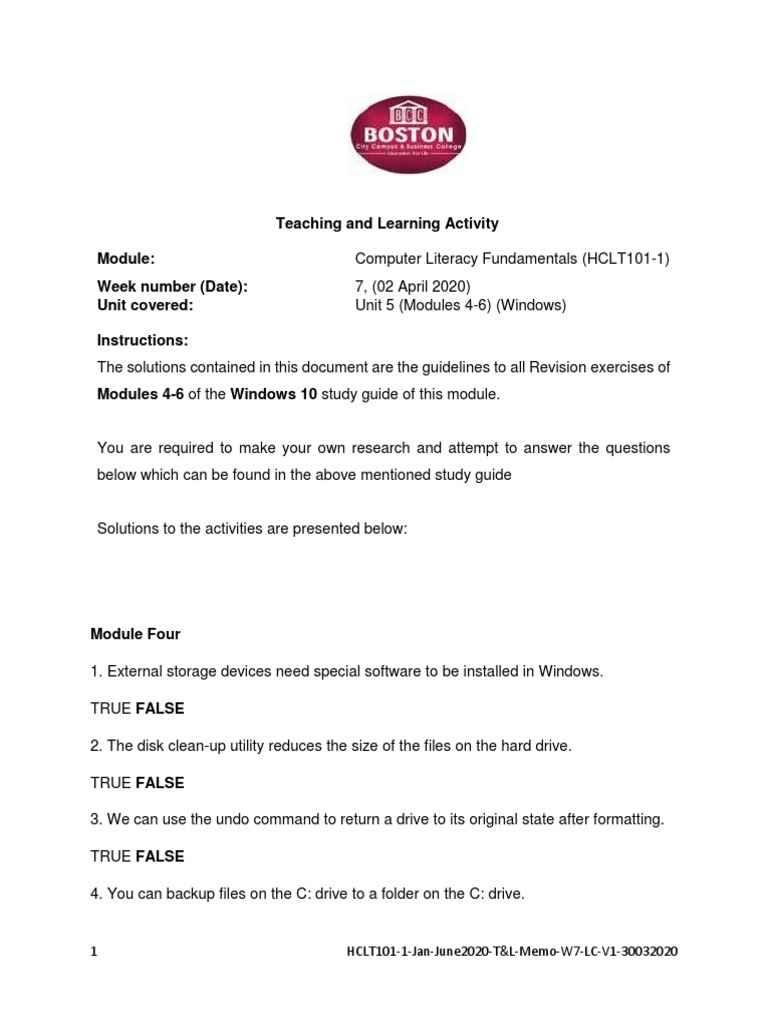 HCLT101 1 Jan June2020 T&L Memo W7 LC V1 30032020 | PDF | Computer Data Storage | Computer File
