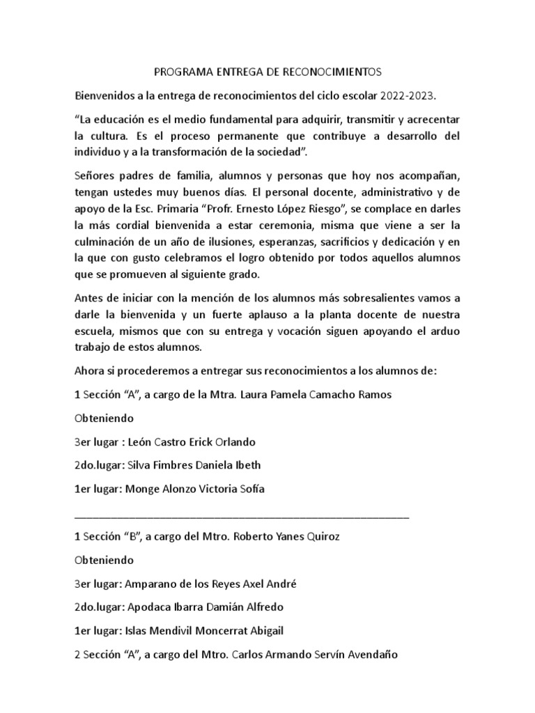 Programa Entrega de Reconocimientos | PDF