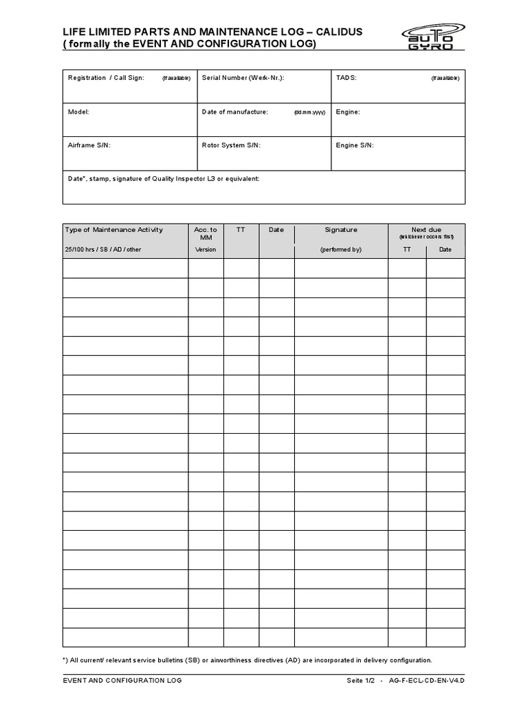 Life Limited Parts and Maintenance Log - Calidus (Formally The Event ...