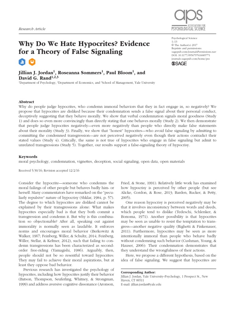 Why Do We Hate Hypocrites - Evidence For A Theory of False Signaling ...