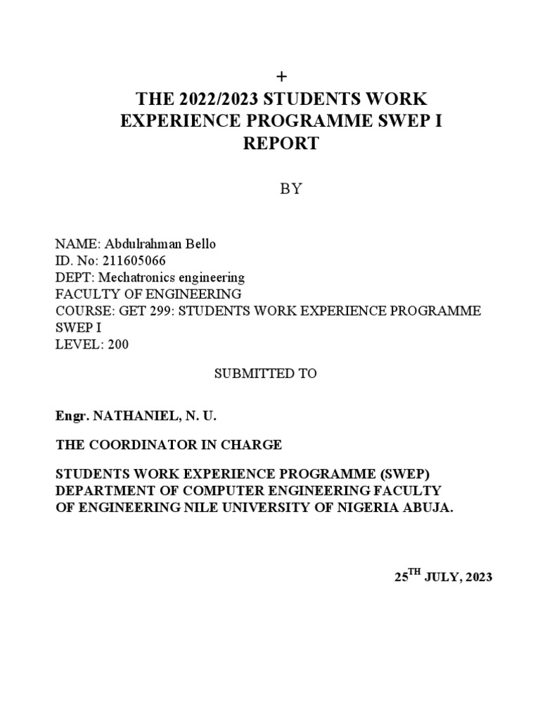 SWEP I Report: Mechatronics Engineering | PDF | Technology & Engineering