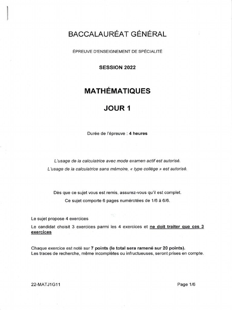 Spe Mathematiques 2022 Centres Etranger 1 Sujet Officiel | PDF