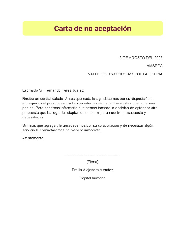Modelo de Carta de No Aceptación | PDF