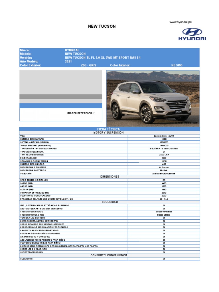 Ficha Tecnica NEW TUCSON TL FL 2.0 GL 2WD MT SPORT RA8 E4 | PDF | Sistema de freno antibloqueo ...