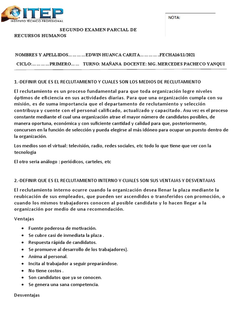 Segundo Examen Parcial de Recursos Humanos | PDF