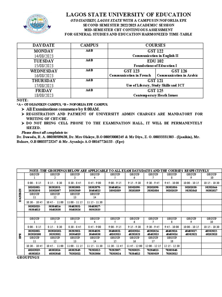 LASUED 2022/2023 Exam Timetable | PDF | Schools | Educational Institutions