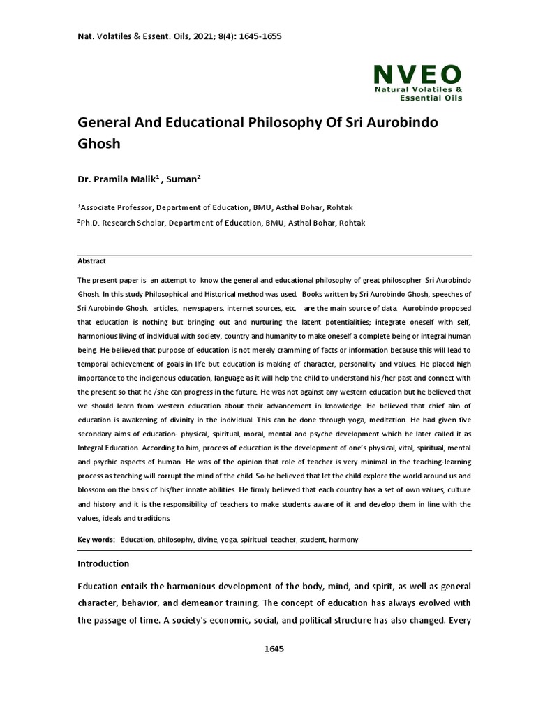 General and Educational Philosophy of Sri Aurobindo Ghosh: Dr. Pramila Malik, Suman | PDF