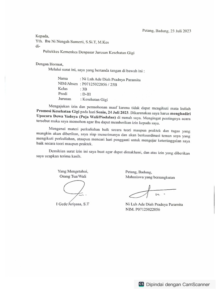 Surat Izin Tidak Mengikuti Perkuliahan | PDF