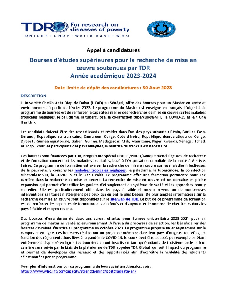Bourses Master Santé Environnement UCAD | PDF | Finance et gestion monétaire | Sciences sociales