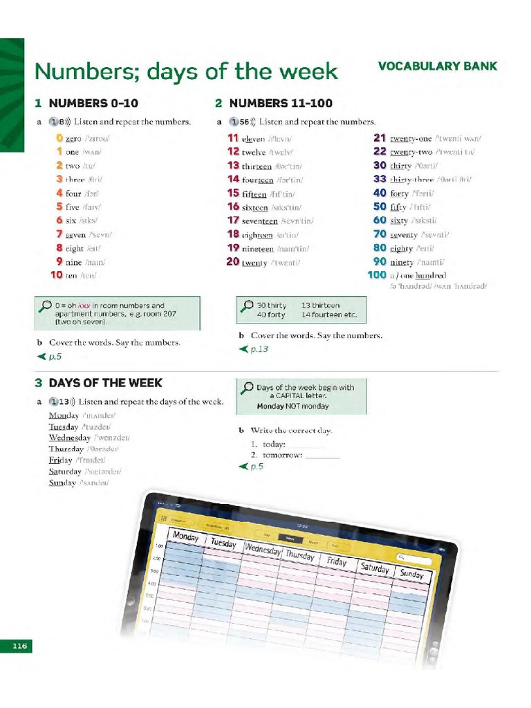Vocabulary Bank - Numbers Days of The Week | PDF