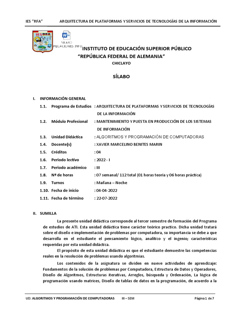 Silabo Algoritmos y Programación de Computadoras Ati-3-Mn | PDF | Evaluación | Software