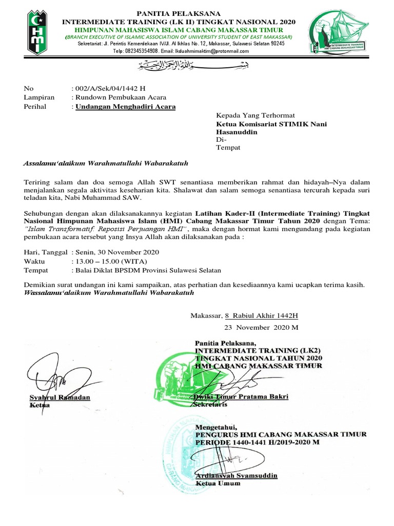 Undangan Menghadiri Acara (Pembukaan) LK2 HMI Maktim 2020 - Ketua ...