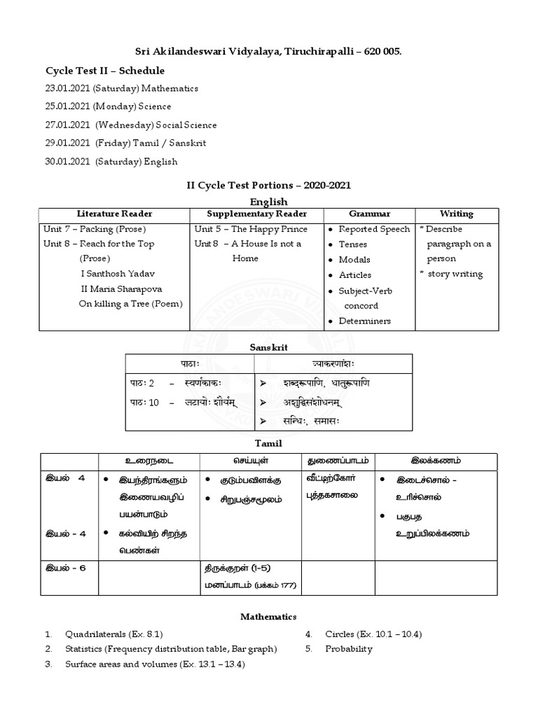 Std. 9 Cycle Test II Schedule and Portions | PDF