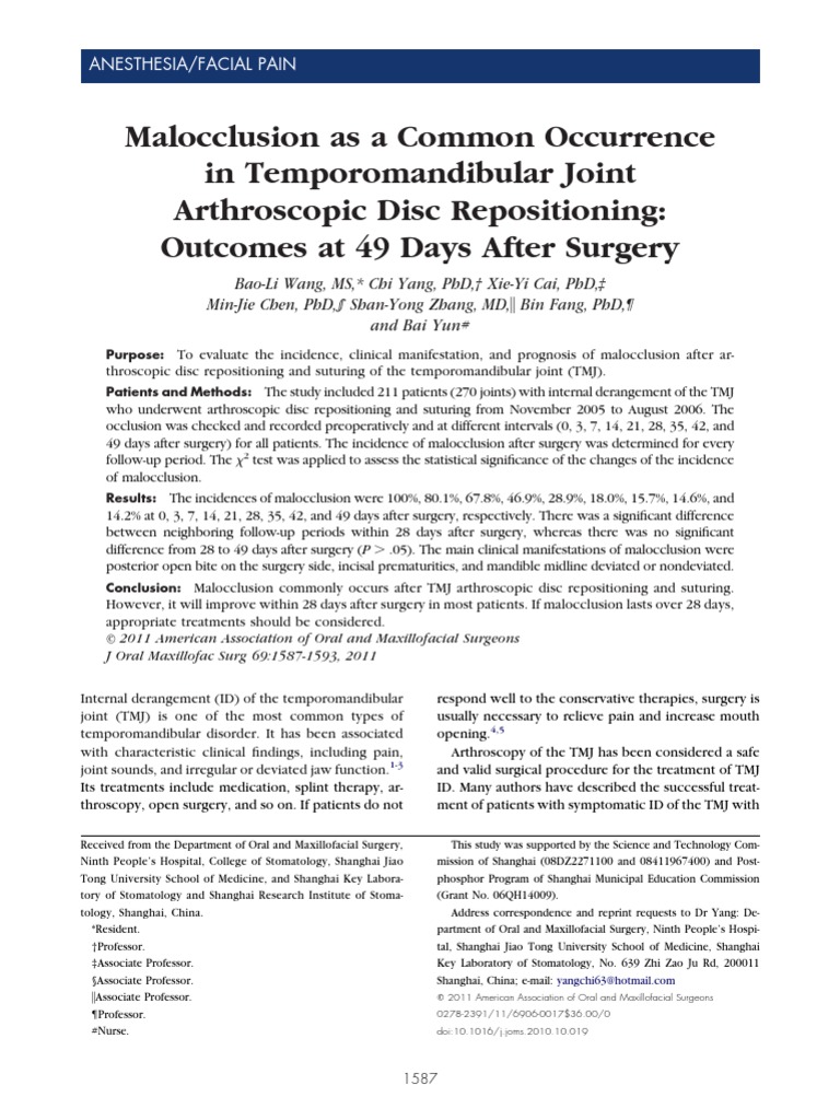 Malocclusion As A Common Occurrence in Temporomandibular Joint Arthroscopic Disc Repositioning ...