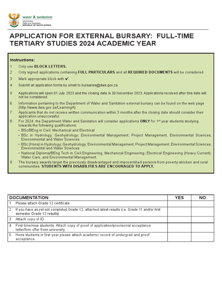 2024 DWS Internet Bursary Application-FILL in | PDF | Bachelor Of ...