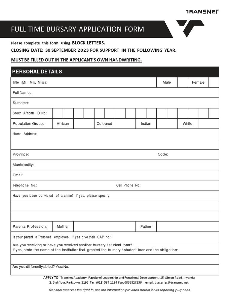 Transnet Bursary Application Form | PDF | Career & Growth