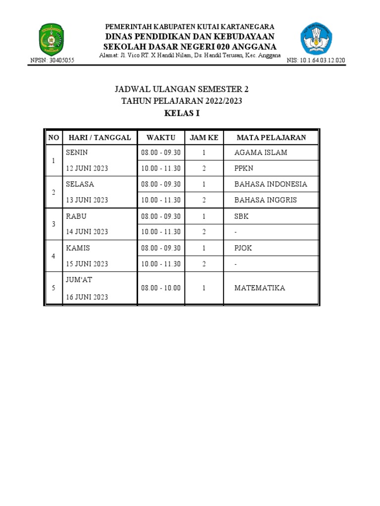 Jadwal Ulangan Semester 2 | PDF