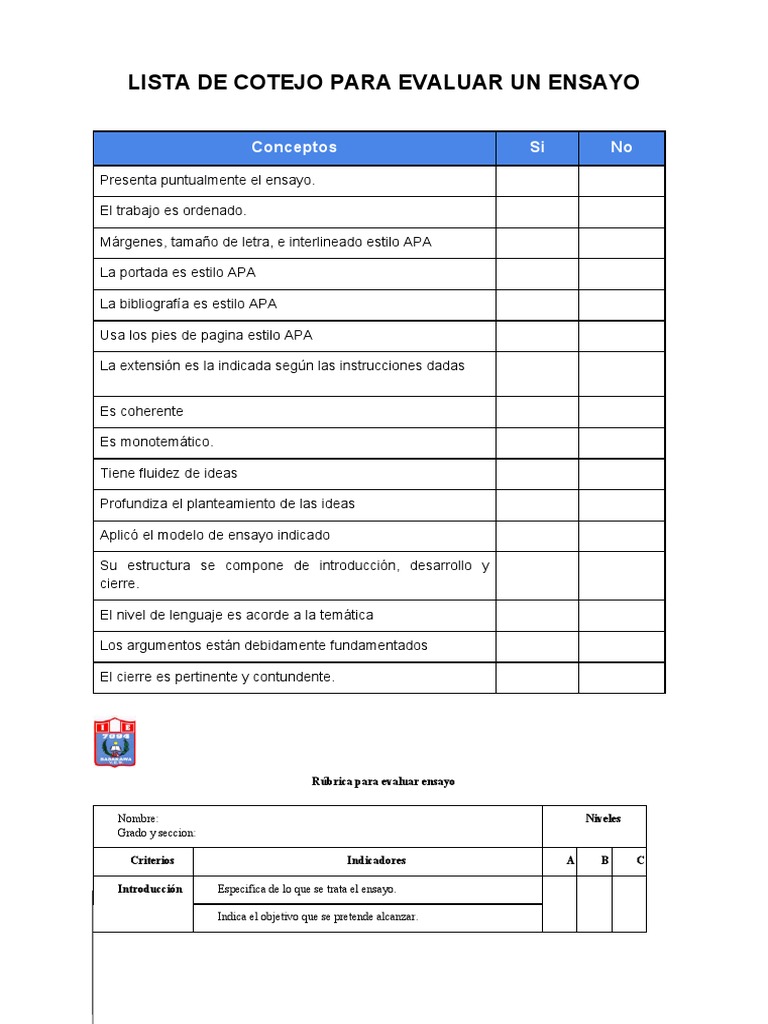 Lista De Cotejo Para Evaluar Un Ensayo Pdf 7709