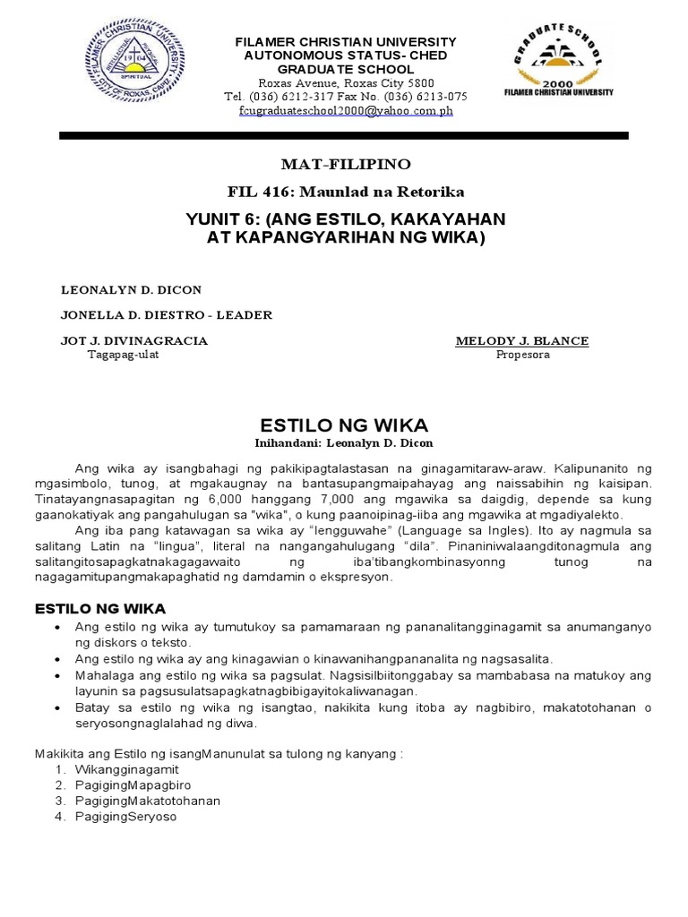 Fil 416 Yunit 6 Estilo Kakayahan at Kapangyarihan NG Wika | PDF