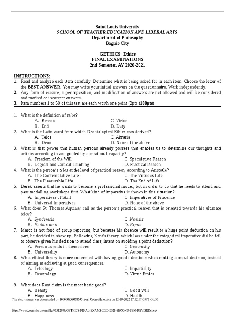 Gethics Final Exams 2020 2021 Second Sem Revised | PDF