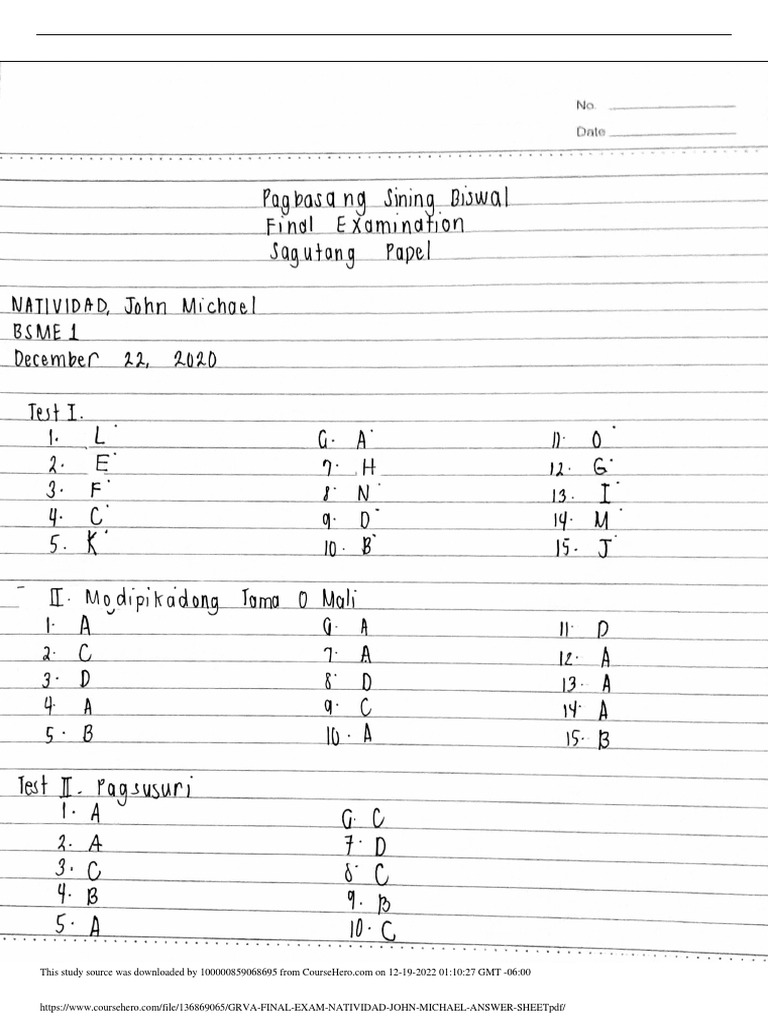 Grva Final Exam Natividad John Michael Answer Sheet PDF | PDF