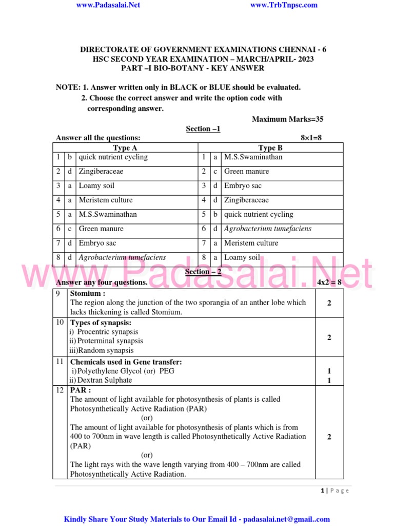 12th Bio Botany EM Official Answer Key To Public Exam March 2023 ... 12th Bio Botany EM Official Answer Key To Public Exam March 2023 ...