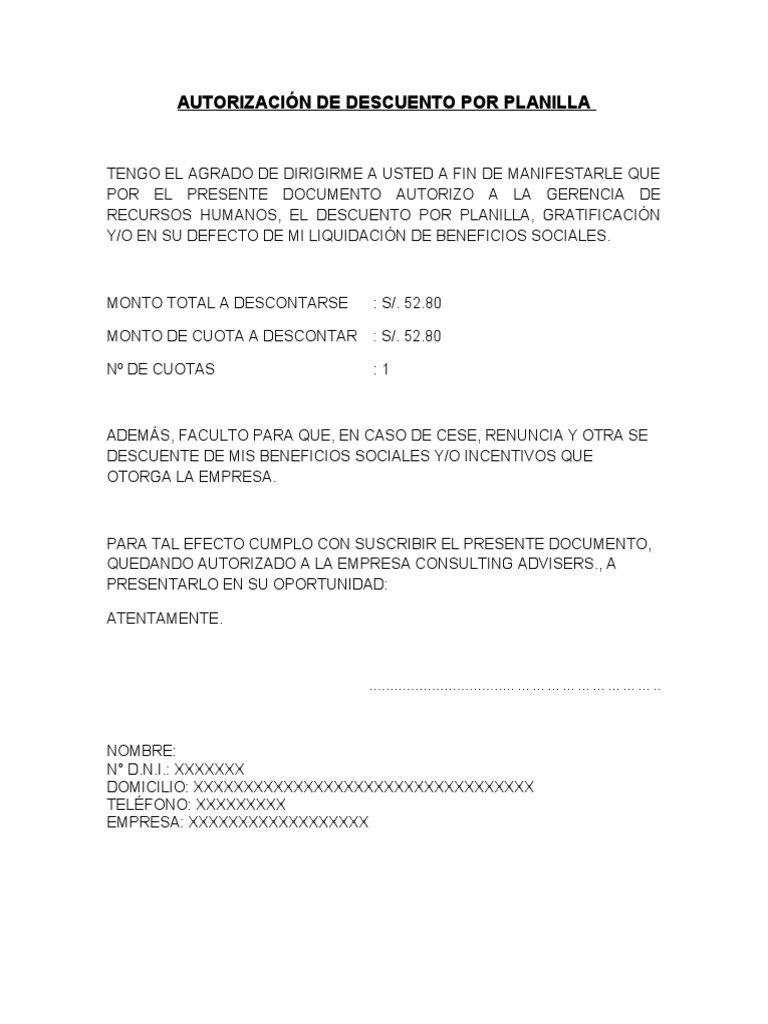 Autorización de Descuento Por Planilla Modelo | PDF