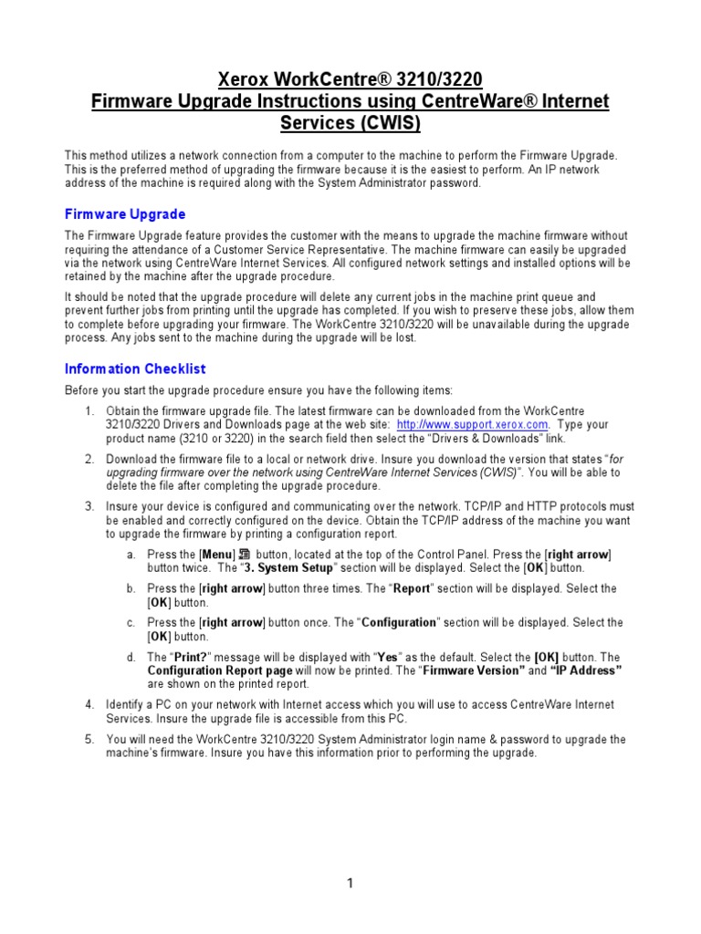 WorkCentre 3220 3210 Firmware Upgrade Instructions Using CentreWare IS | PDF | Internet Protocol ...