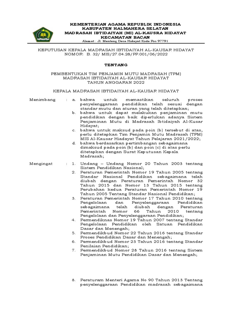 SK Tim Penjamin Mutu Madrasah (TPM) 2023 | PDF