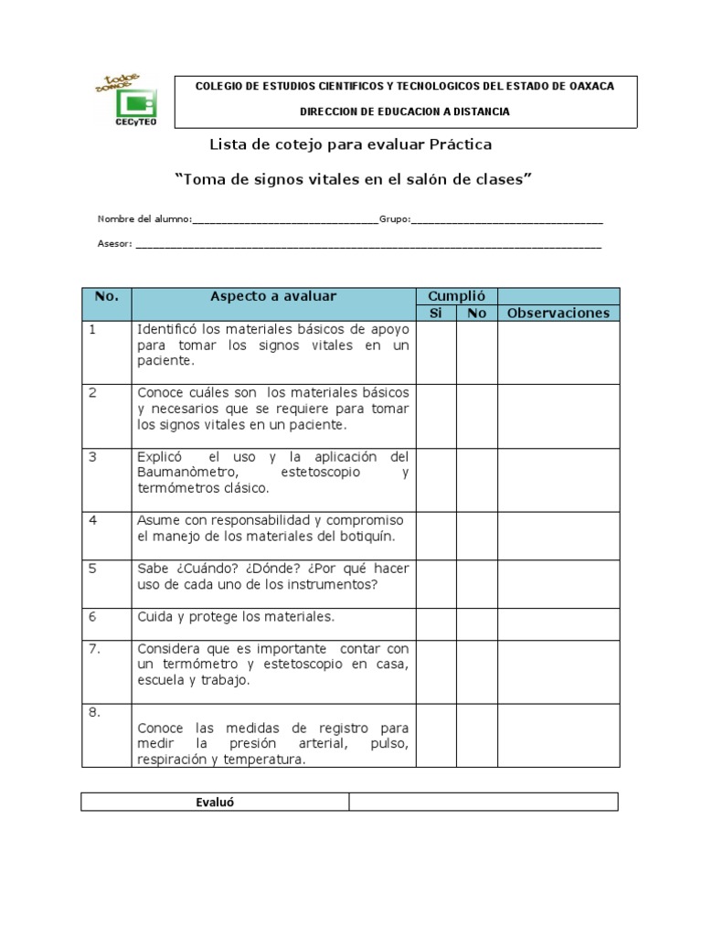 Lista de Cotejo para Evaluar Signos Vitales | PDF