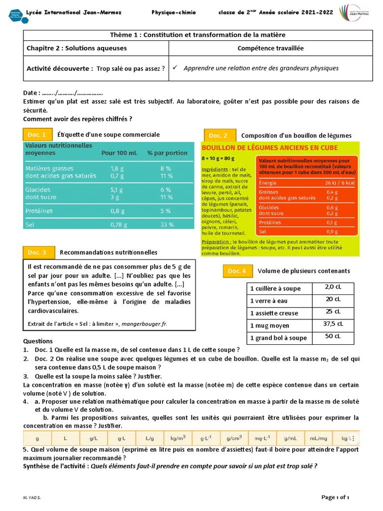 Ch2 Activité 1 Solution Aqueuse | PDF