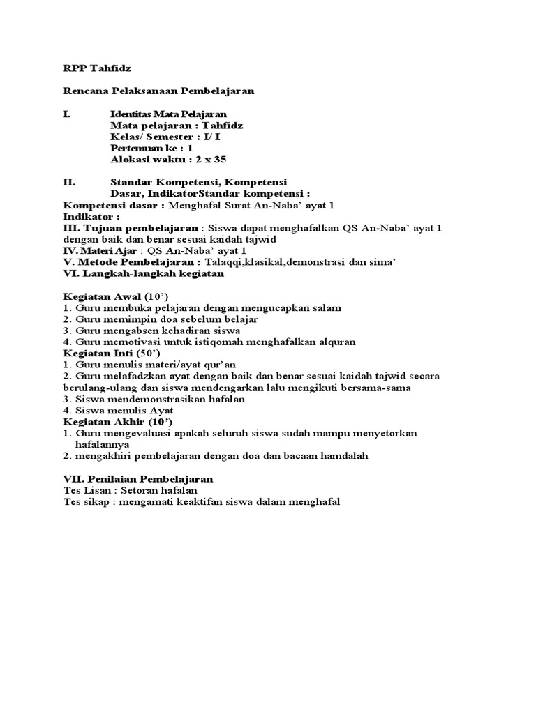Contoh RPP Tahfidz | PDF