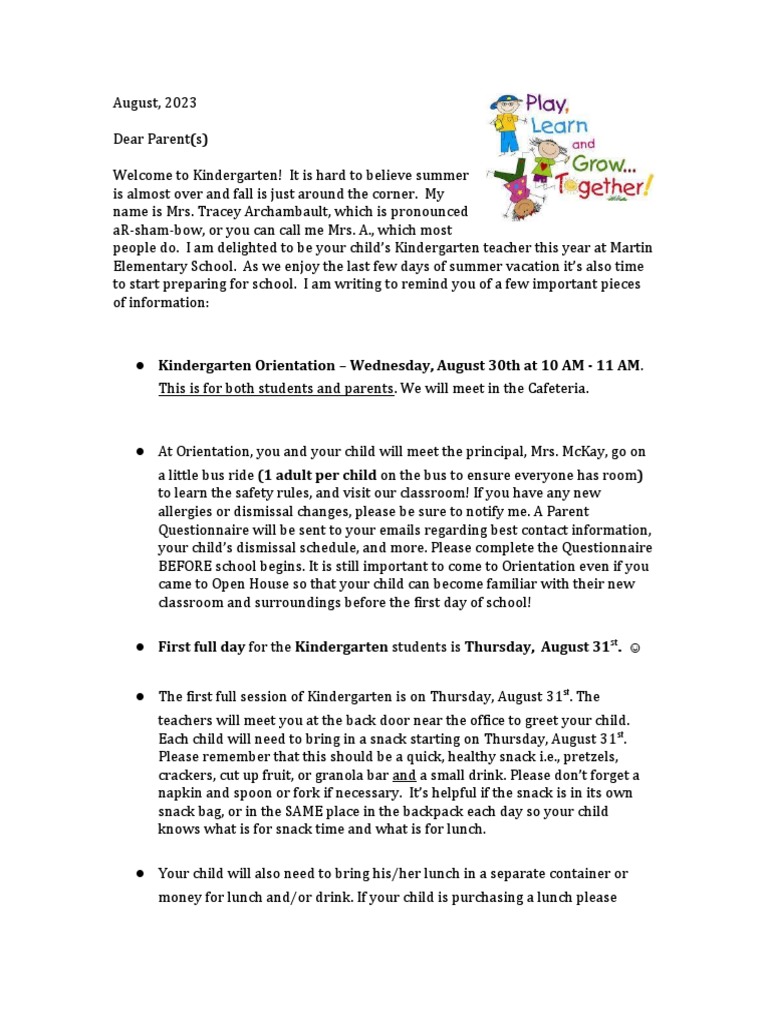 August Parent Letter | PDF