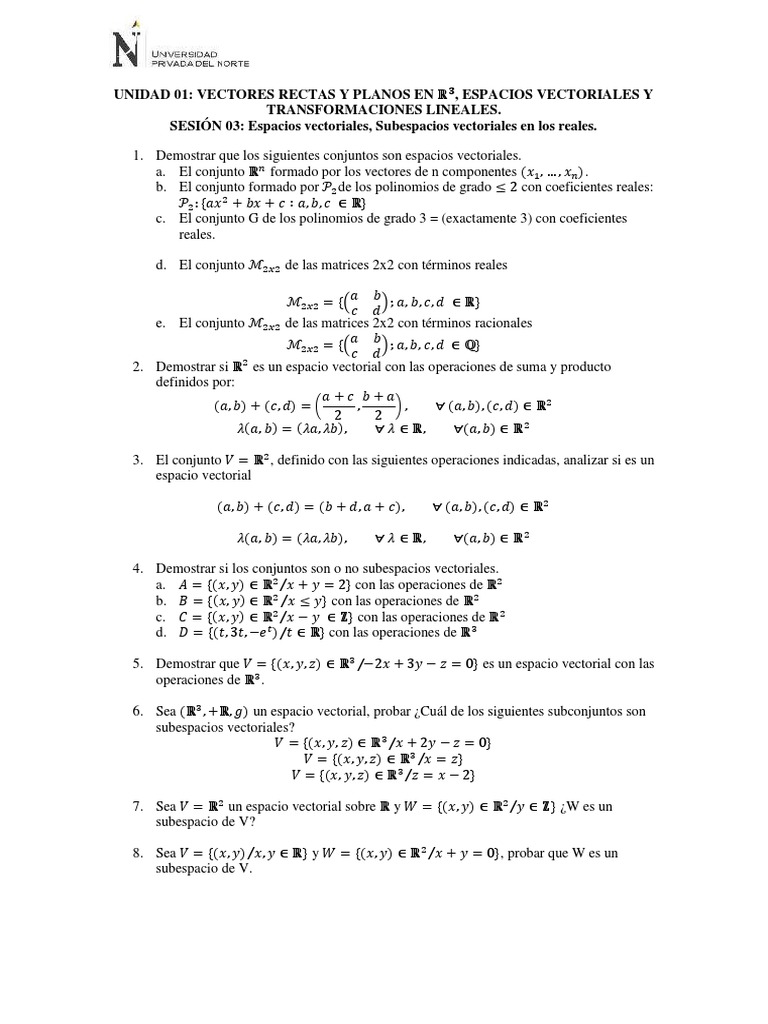 Semana 03 Hoja de Ejercicios - Espacios Vectoriales | PDF | Espacio vectorial | Vector Euclidiano