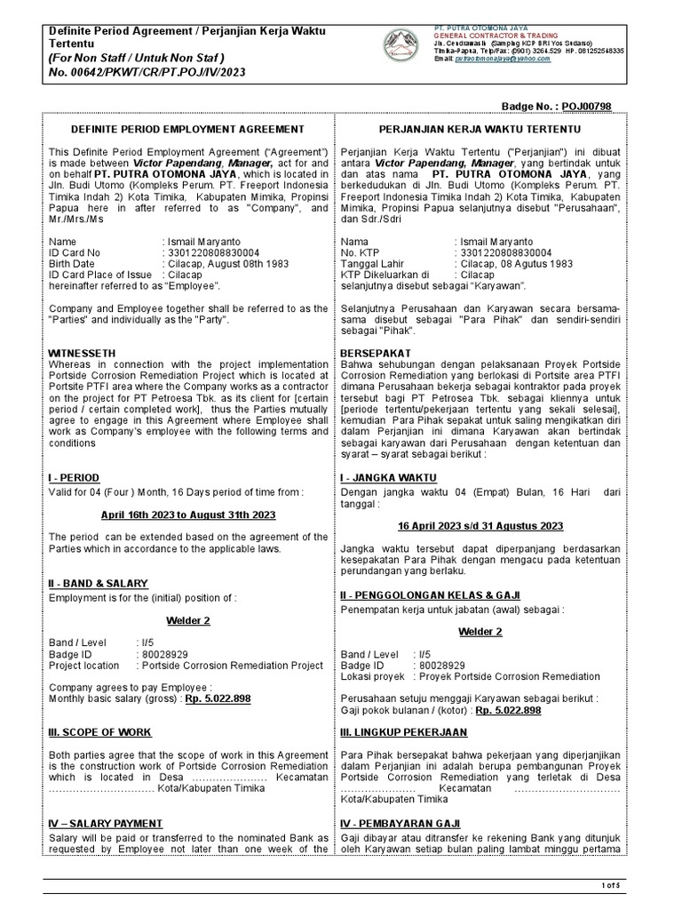 Draft R4 Contract LS Employee - PKWT New Feb 2022 - Corrosion | PDF