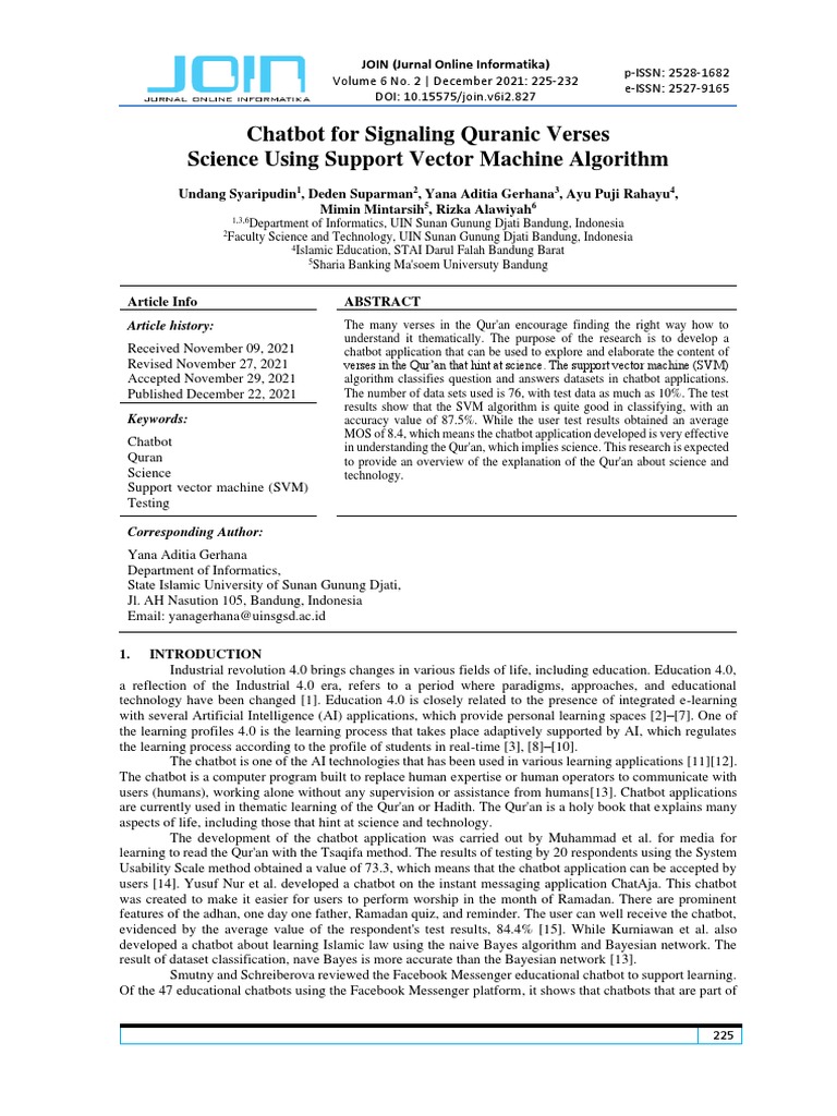 Chatbot For Signaling Quaranic Verses Science Using Support Vector Machine Algorithm | PDF ...