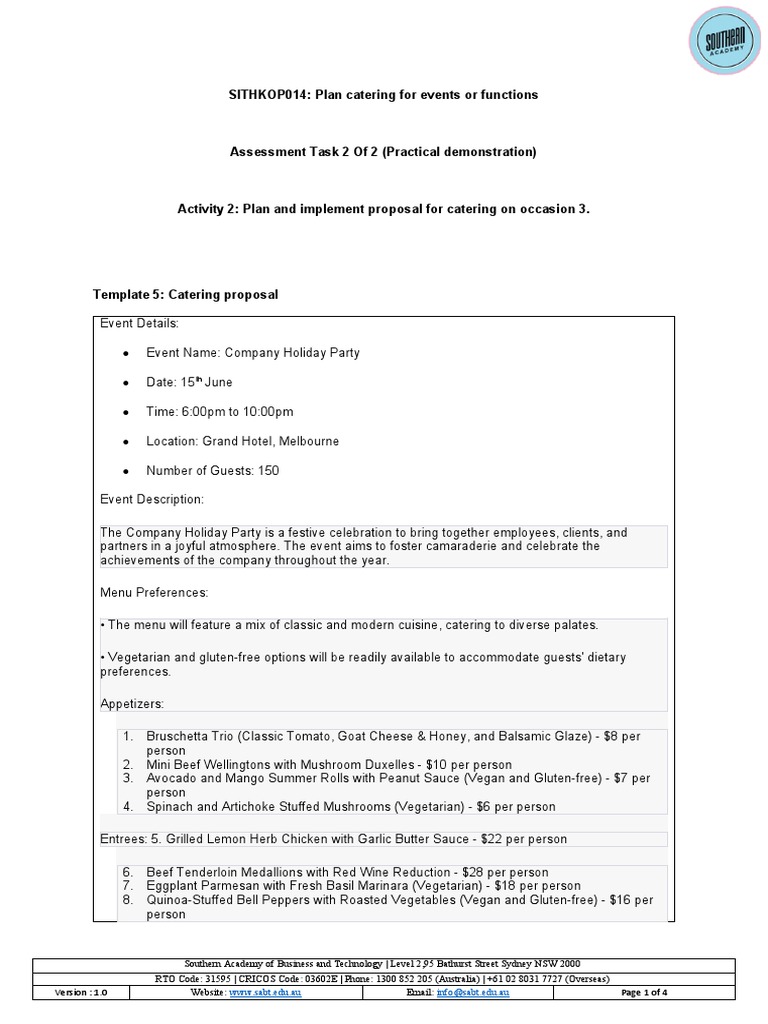 Catering Plan for Company Holiday Party | PDF | Restaurants | Menu
