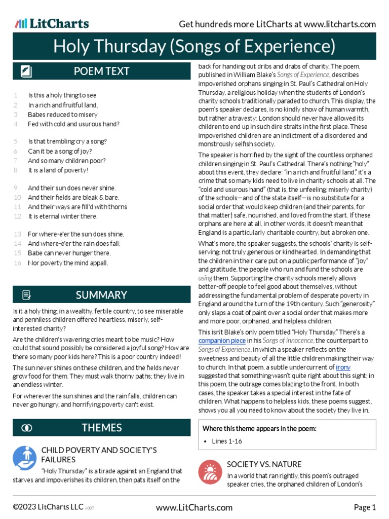 LitCharts Holy Thursday Songs of Experience | PDF | William Blake | Usury