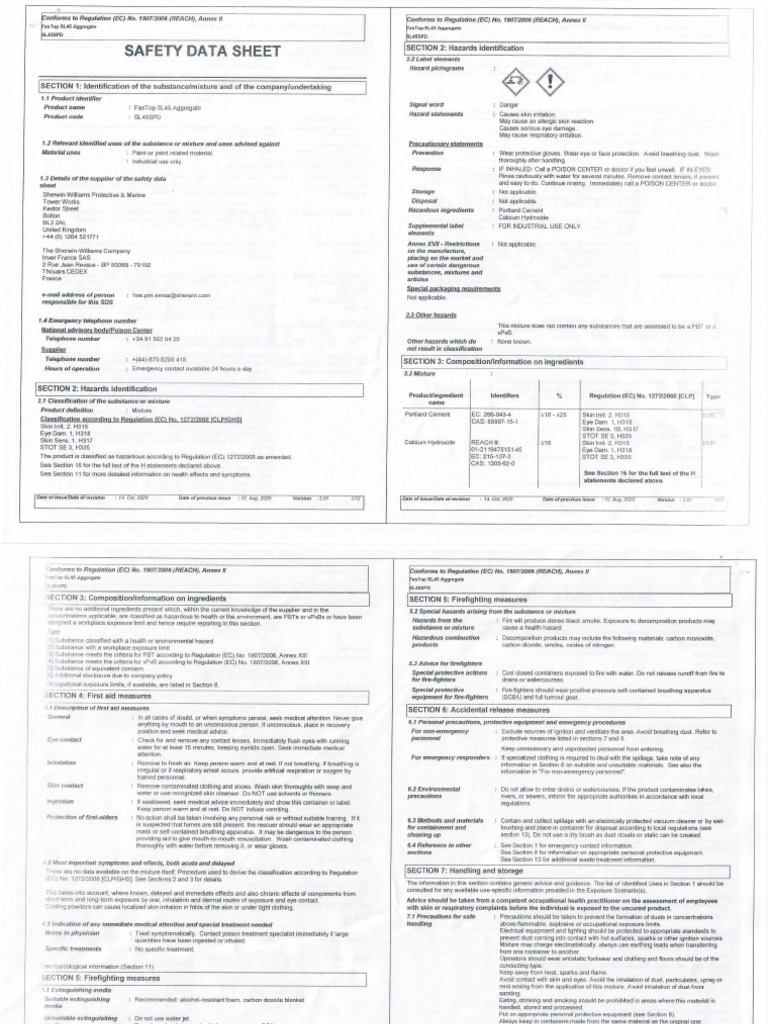 Hoja de Seguridad Msds - Fastop Sl45 Agregado | PDF