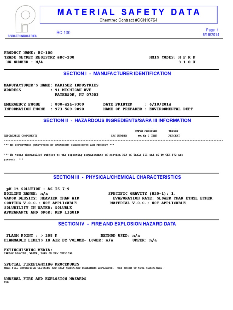 BC 100 MSDS | PDF | Water | Physical Sciences