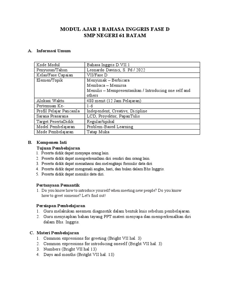 Bab 1 - Modul Ajar Bright SMP Grade Vii | PDF