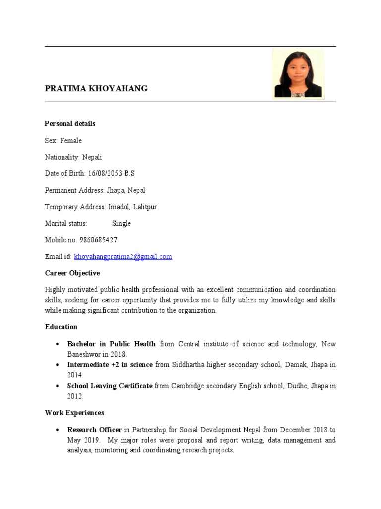 Resume, Pratima Khoyahang | PDF