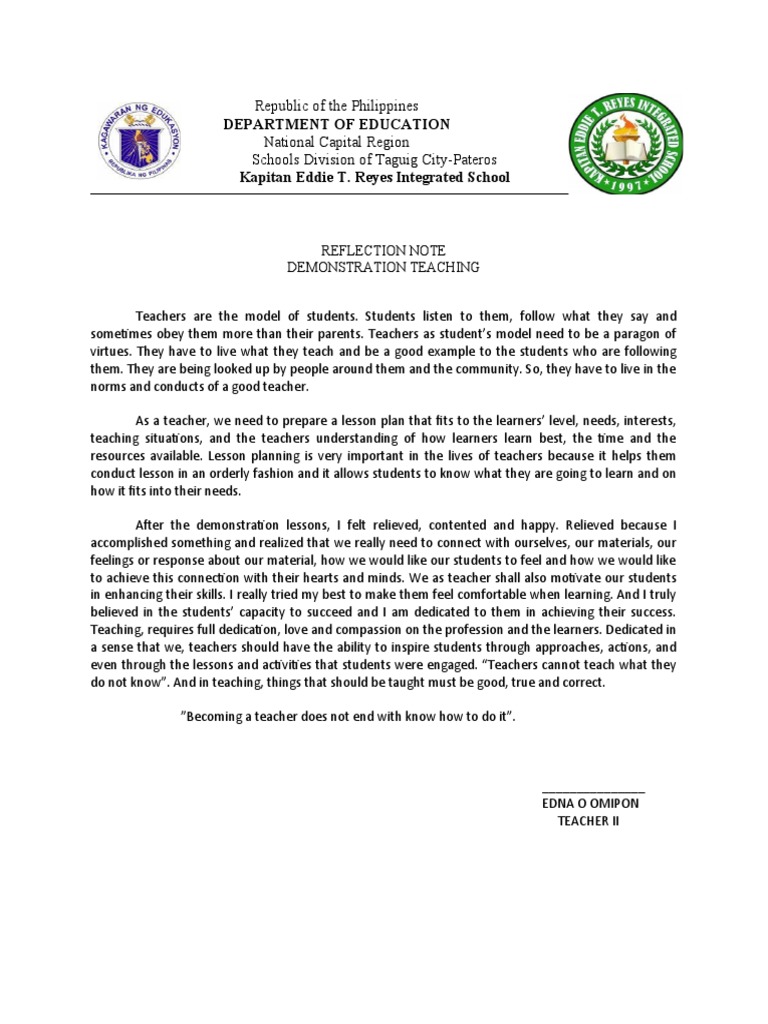 Reflection Note | PDF | Teachers | Learning