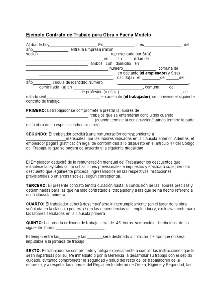 Ejemplo Contrato de Trabajo para Obra o Faena Modelo | PDF | Derecho laboral | Gobierno