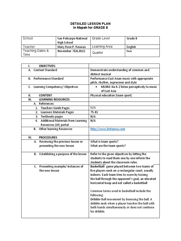 Lesson Plan P.E | PDF