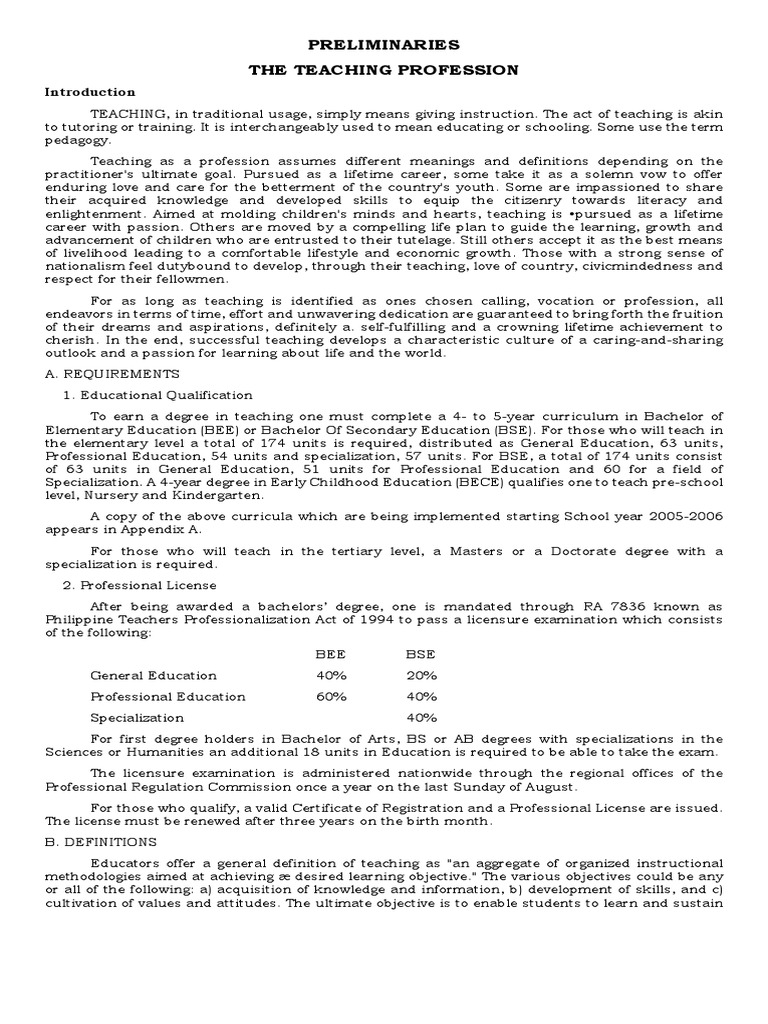 The Teaching Profession Preliminaries | PDF