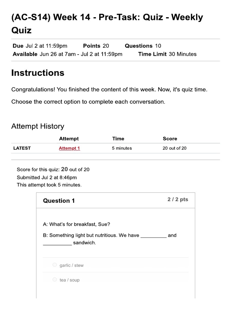 (AC S14) Week14 Pre Task Quiz Weekly Quiz | PDF