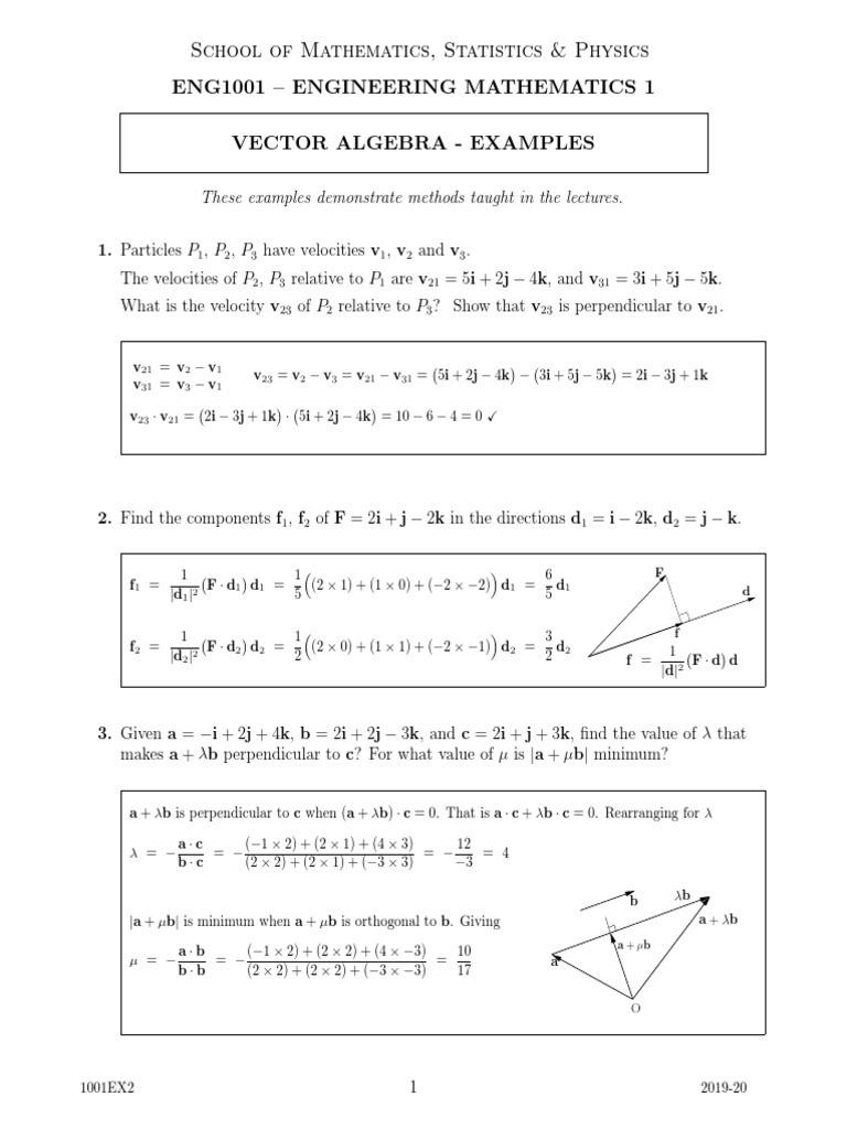 Eng1001 Vectors Examples Pdf Algebra Mathematical Physics