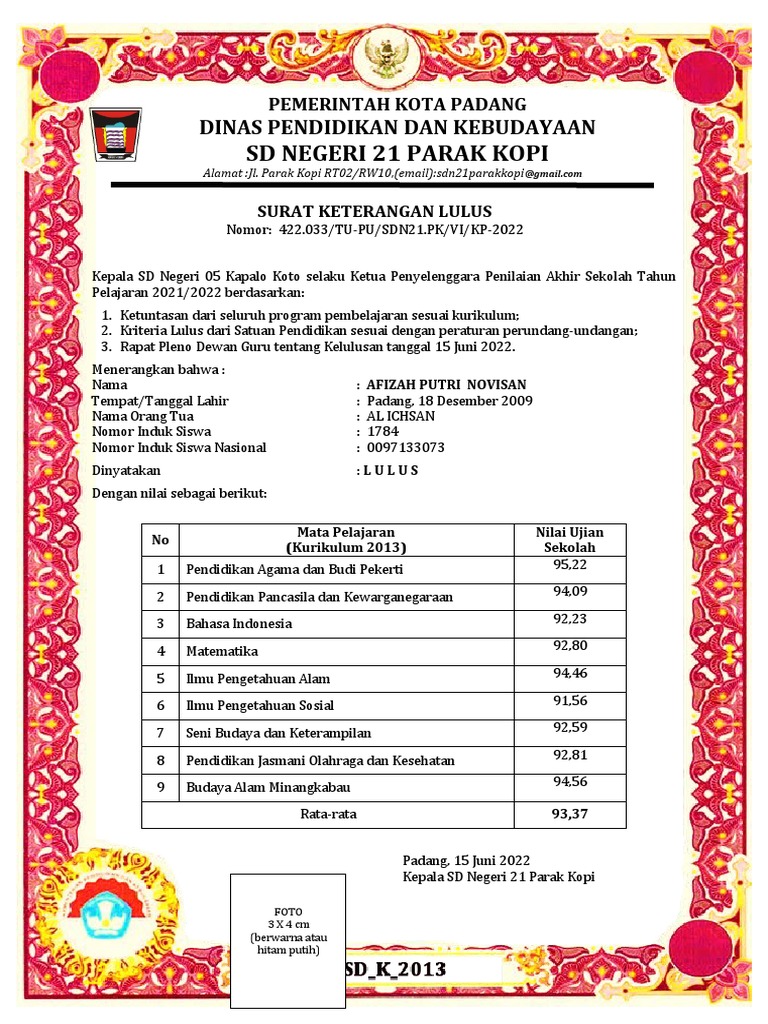 Contoh SKL SD - 2022 | PDF